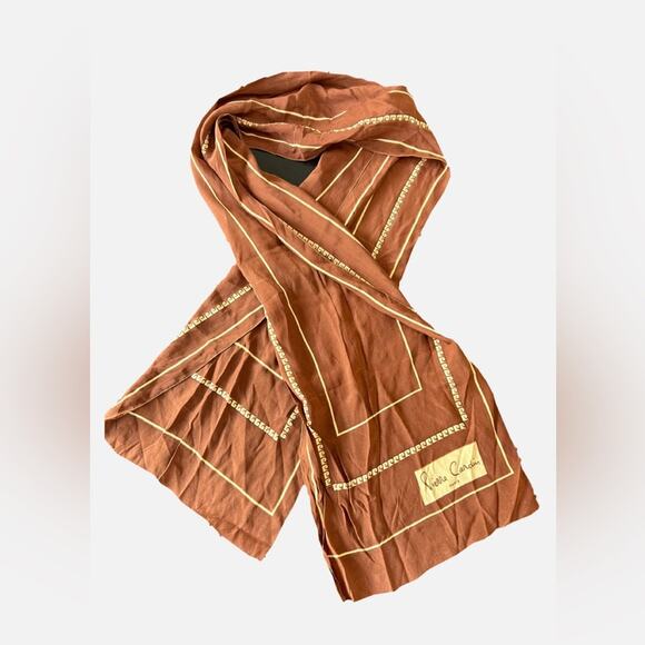 Pierre Cardin | Accessories | Brown Silk Scarf With Gold Accents Paris ...